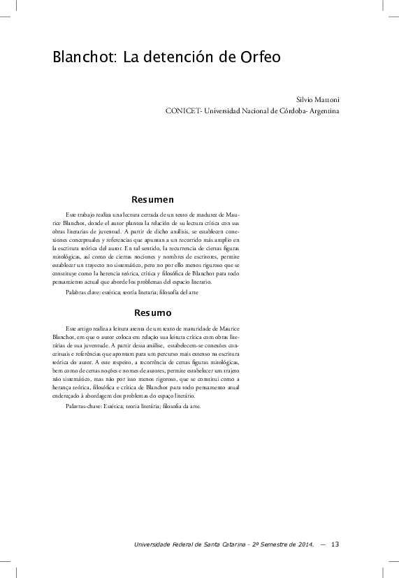 (PDF) Blanchot: la detención de Orfeo