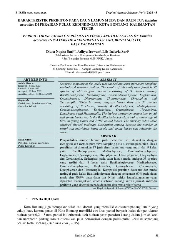 (PDF) KARAKTERISTIK PERIFITON PADA DAUN LAMUN MUDA DAN DAUN TUA Enhalus ...