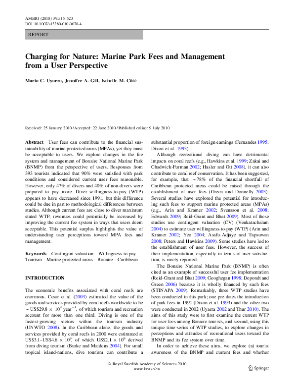(PDF) Charging for Nature: Marine Park Fees and Management from a User ...