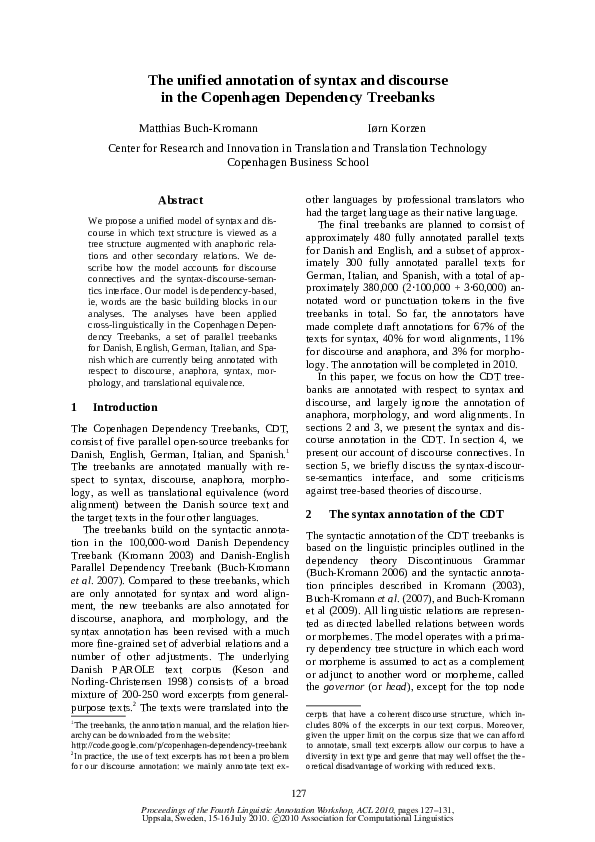 Pdf The Unified Annotation Of Syntax And Discourse In The Copenhagen Dependency Treebanks 4057