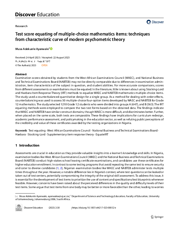 (PDF) Test score equating of multiple-choice mathematics items ...