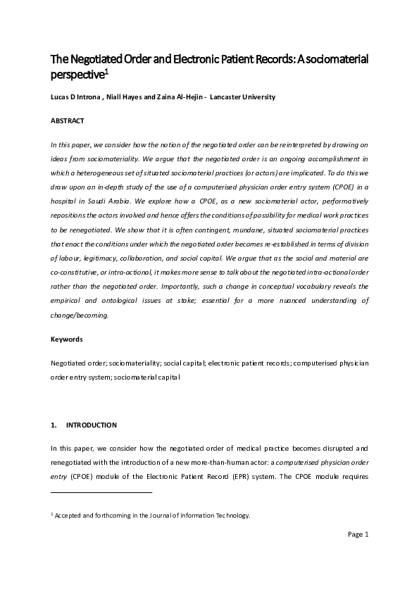 (PDF) The negotiated order and electronic patient records: A ...