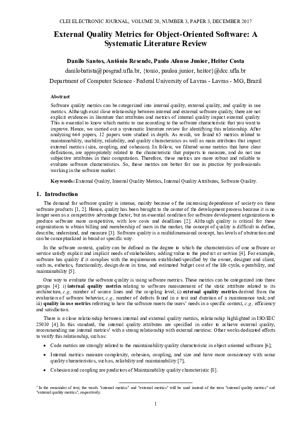 Pdf External Quality Metrics For Object Oriented Software A