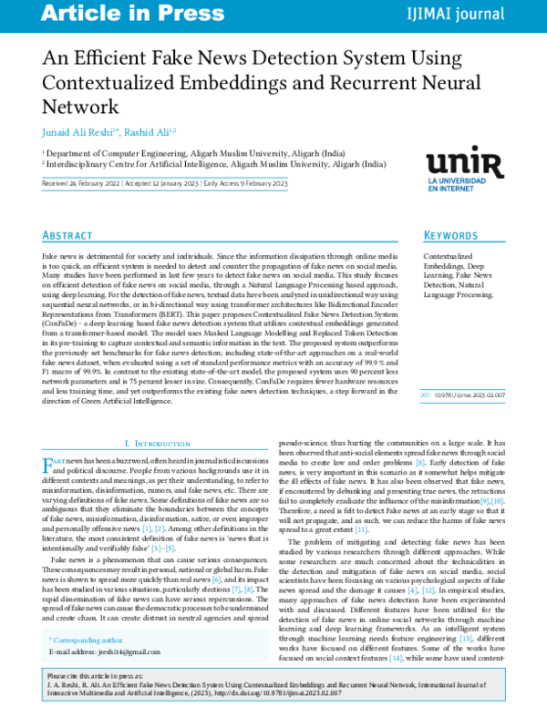 Pdf An Efficient Fake News Detection System Using Contextualized