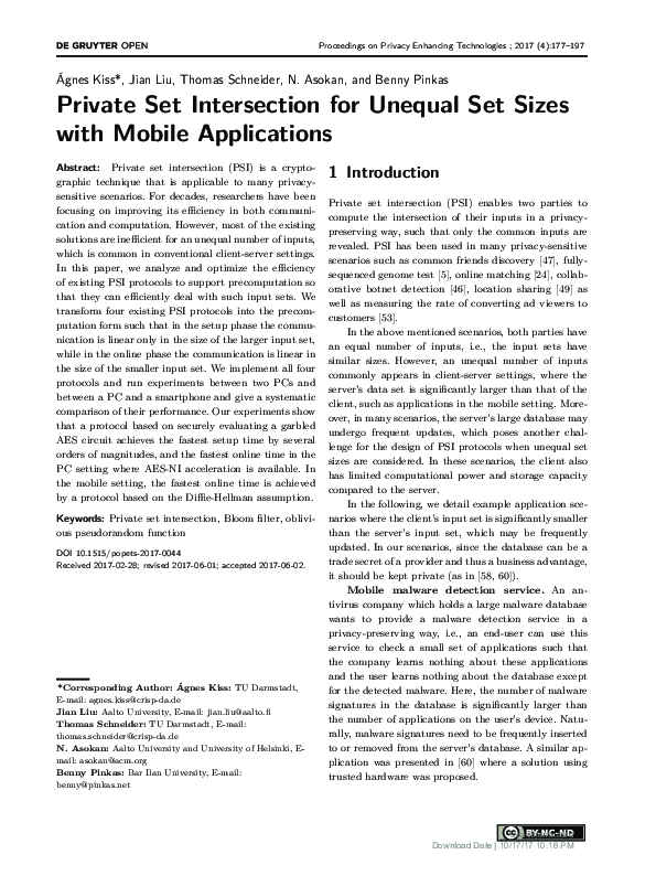 (PDF) Private Set Intersection for Unequal Set Sizes with Mobile Applications
