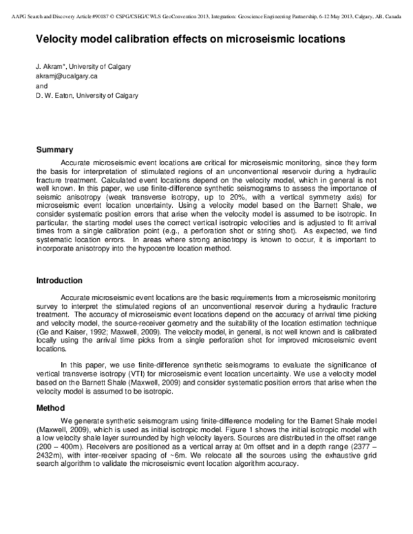 (PDF) Impact of velocity model calibration on microseismic locations