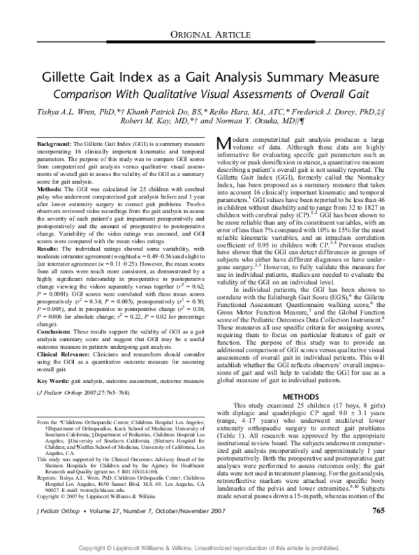 (PDF) Gillette Gait Index as a Gait Analysis Summary Measure
