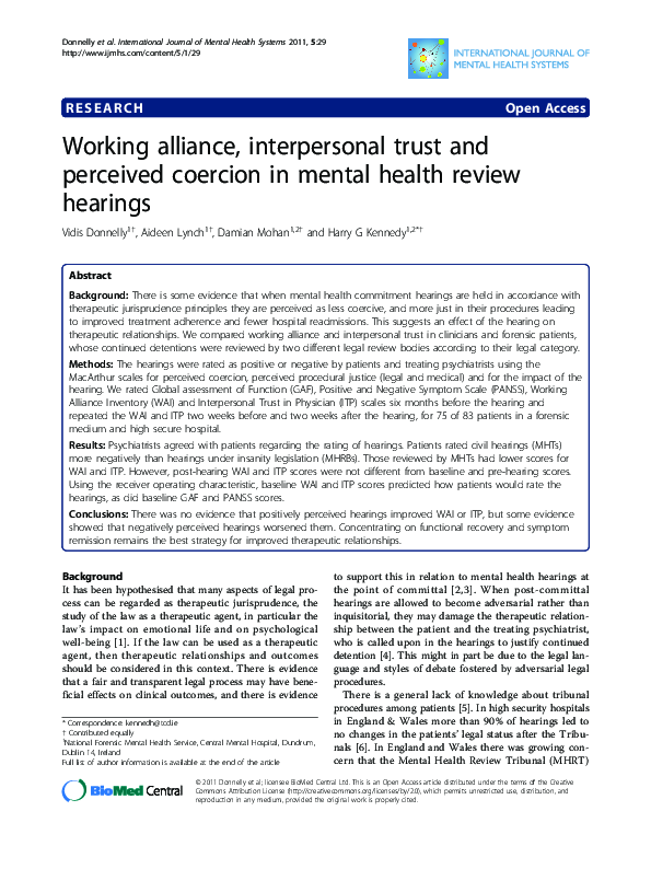 (PDF) Working alliance, interpersonal trust and perceived coercion in mental health review hearings