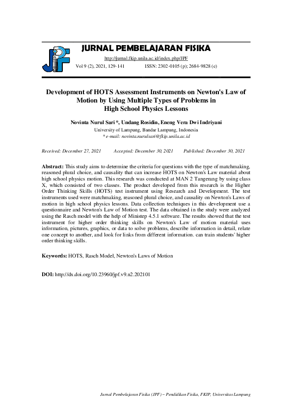 (PDF) Development of HOTS Assessment Instruments on Newton's Law of ...