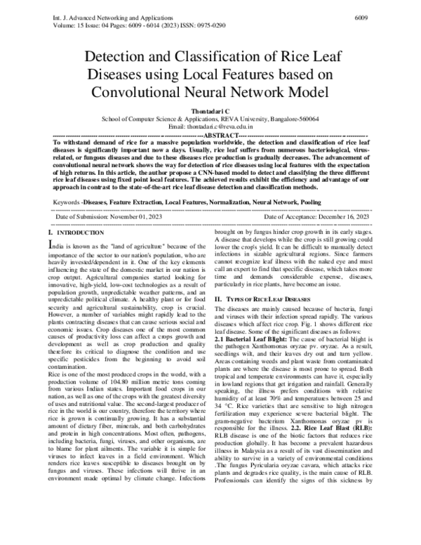 Detection and Classification of Rice Leaf Diseases using Local Features based on Convolutional ...