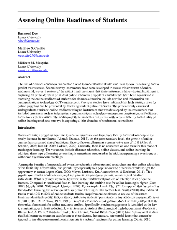 (PDF) Assessing Online Readiness of Students