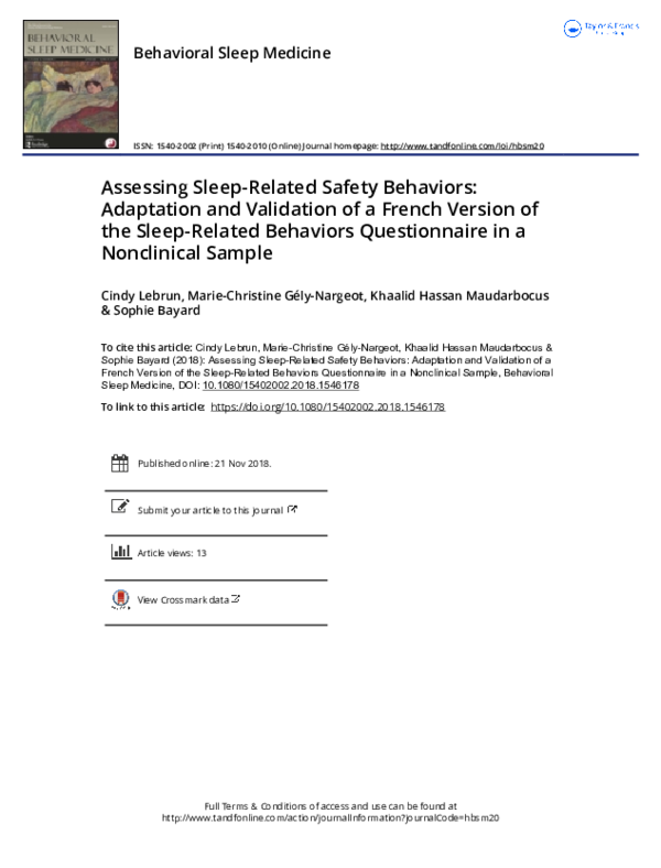 (PDF) Assessing Sleep-Related Safety Behaviors: Adaptation and ...