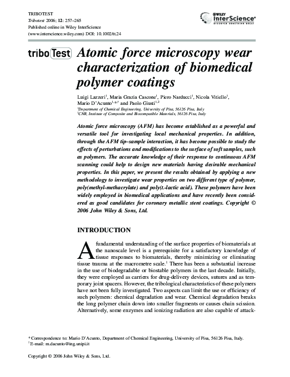 (PDF) Atomic force microscopy wear characterization of biomedical polymer coatings