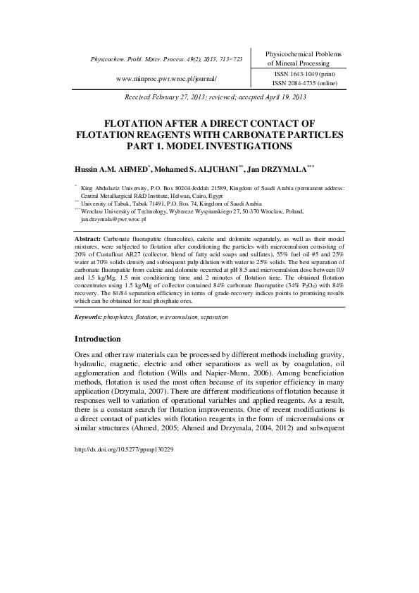 (PDF) Flotation After a Direct Contact of Flotation Reagents with ...
