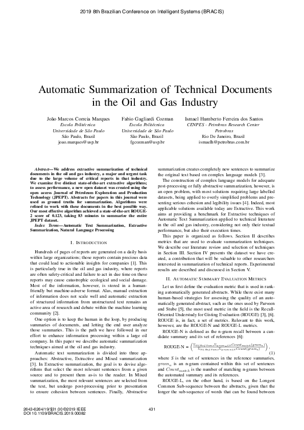 (PDF) Automatic Summarization of Technical Documents in the Oil and Gas ...