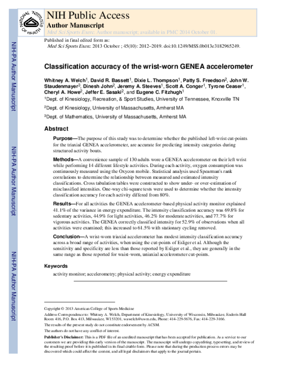 Pdf Wrist Worn Genea Accelerometers Activity Intensity Accuracy