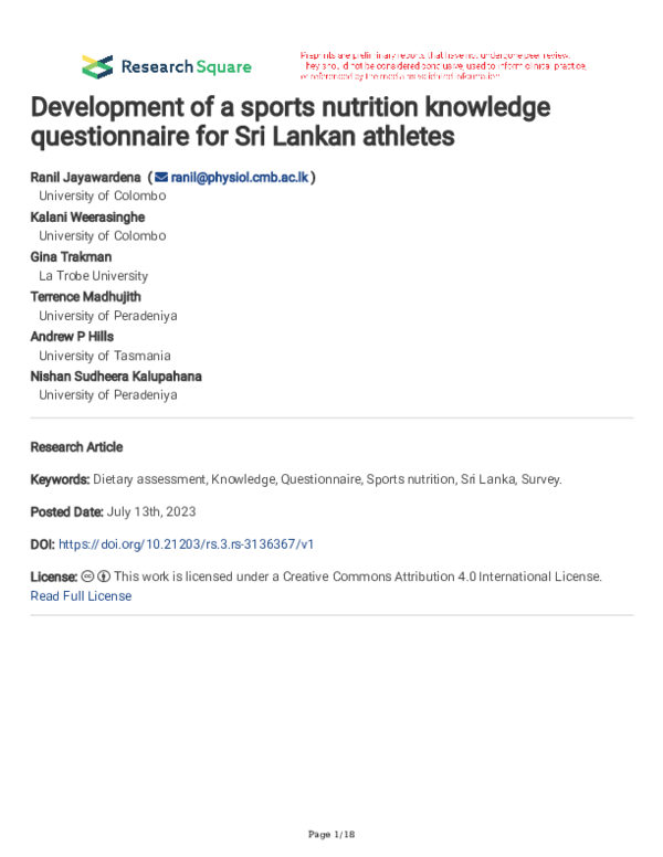 (PDF) Development of a sports nutrition knowledge questionnaire for Sri ...