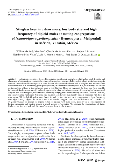 (PDF) Stingless bees in urban areas: low body size and high frequency ...