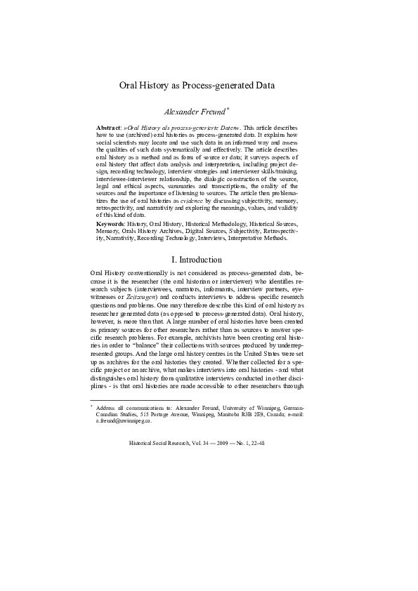(PDF) Oral History as Process-generated Data