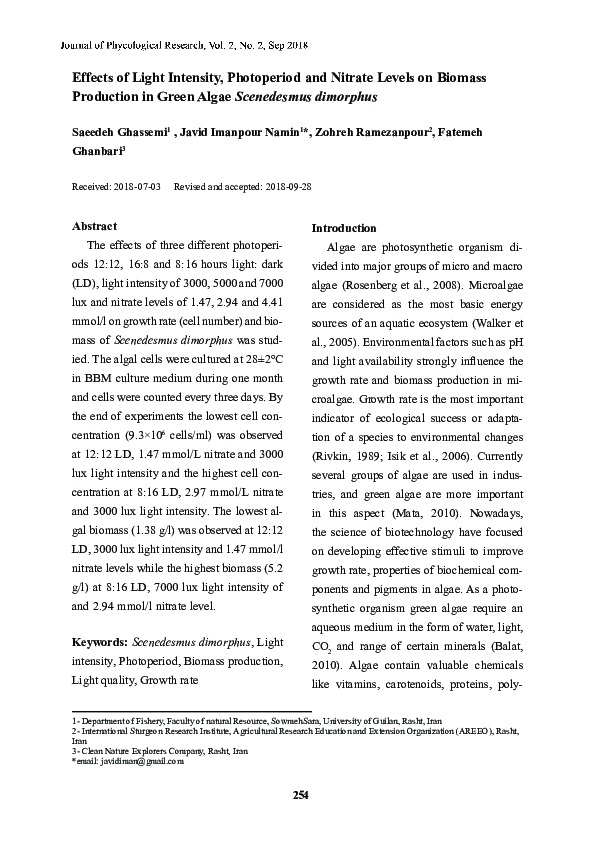 (PDF) Effects of light intensity and photoperiod on growth rate and biomass production in green ...
