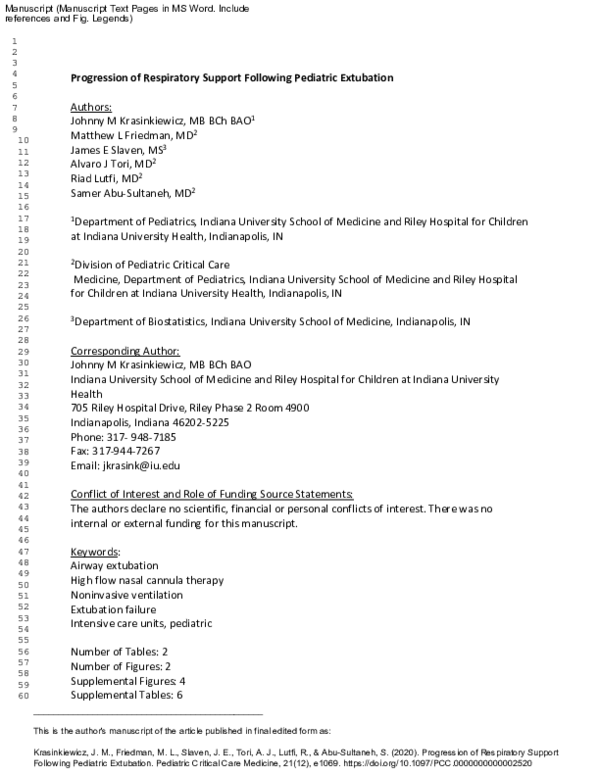 (PDF) Progression of Respiratory Support Following Pediatric Extubation