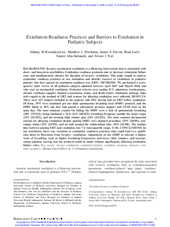 (PDF) Extubation Readiness Practices and Barriers to Extubation in ...