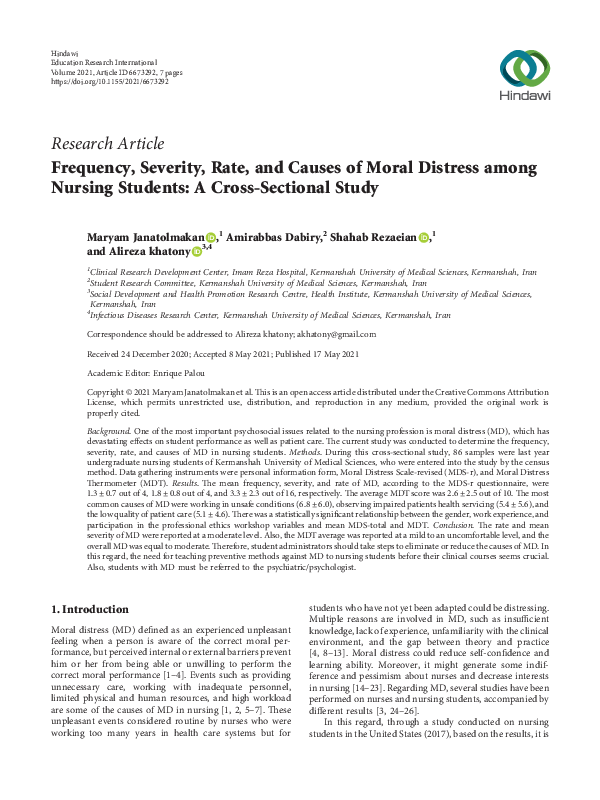 (PDF) Frequency, Severity, Rate, and Causes of Moral Distress among ...