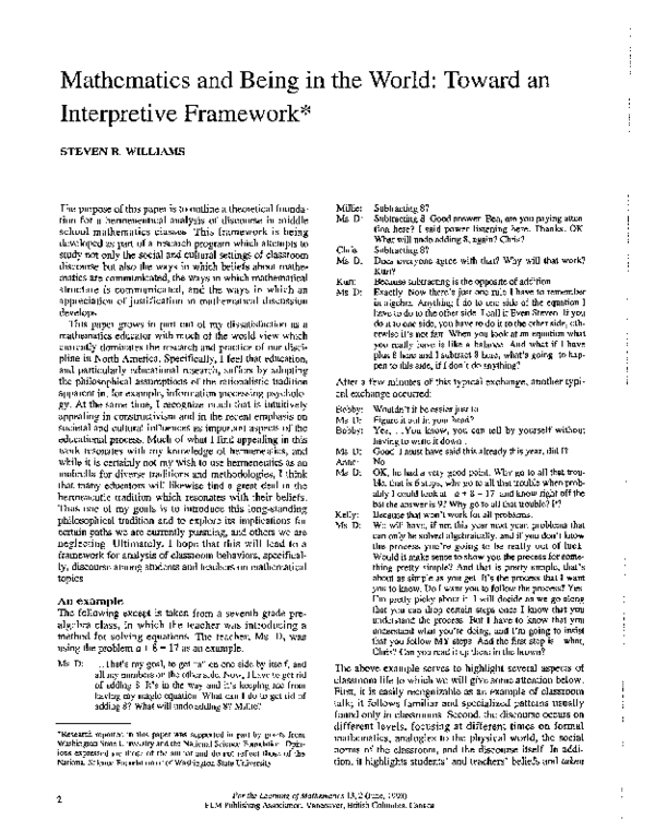 (PDF) Mathematics and Being in the World: Toward an Interpretive Framework