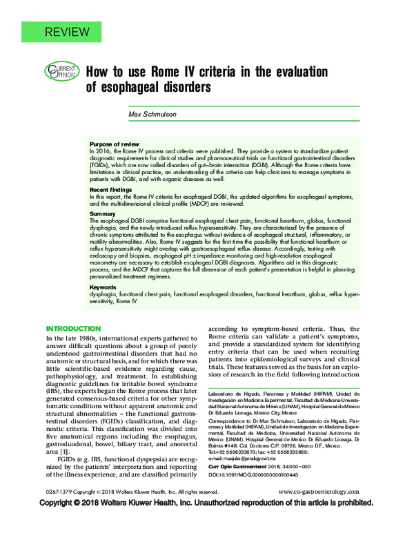 (PDF) How to use Rome IV criteria in the evaluation of esophageal disorders | Max Schmulson ...