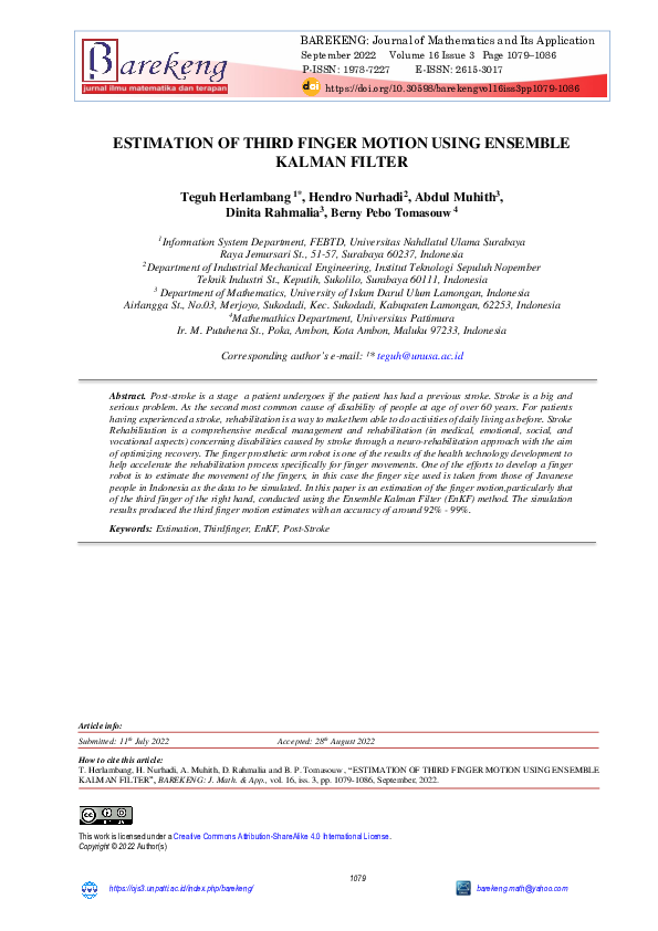 Pdf Estimation Of Third Finger Motion Using Ensemble Kalman Filter