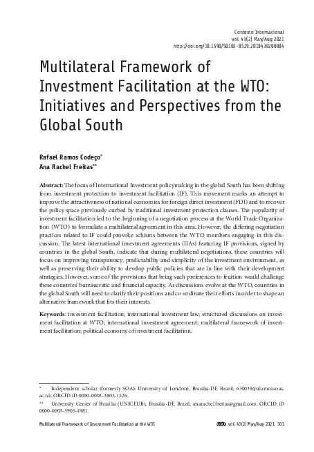 (PDF) Multilateral Framework of Investment Facilitation at the WTO: Initiatives and Perspectives ...