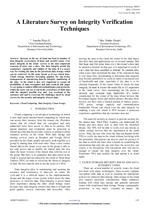 Pdf A Literature Survey On Integrity Verification Techniques