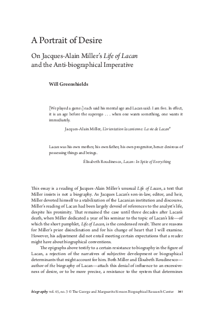 (PDF) A Portrait of Desire: On Jacques-Alain Miller's Life of Lacan and ...