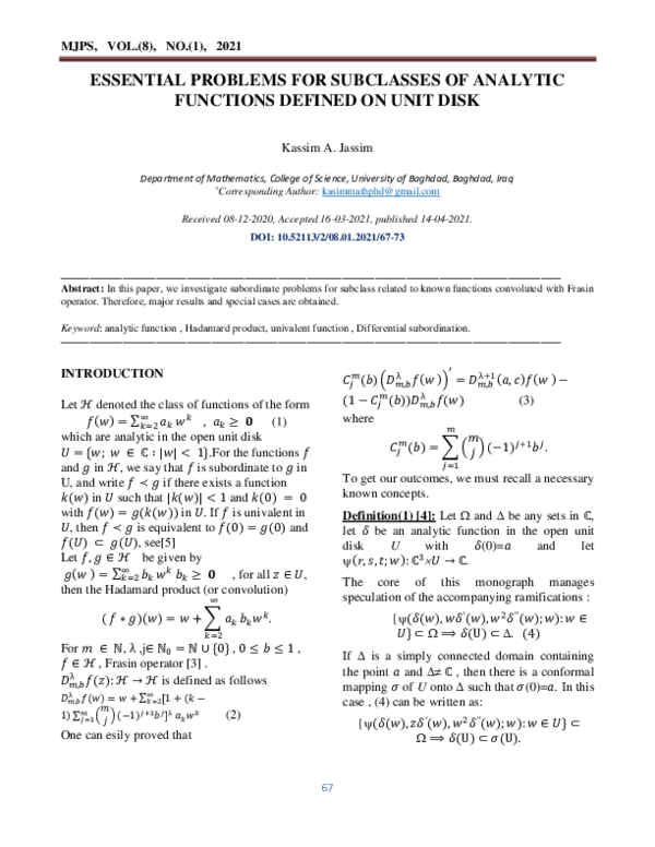 Pdf Essential Problems For Subclasses Of Analytic Functions Defined On Unit Disk 7851