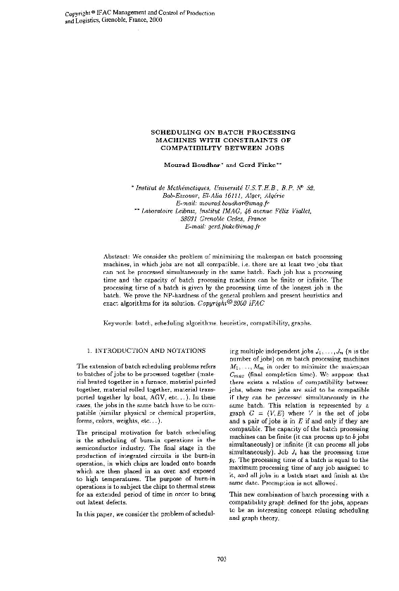 Pdf Scheduling On Batch Processing Machines With Constraints Of Compatibility Between Jobs