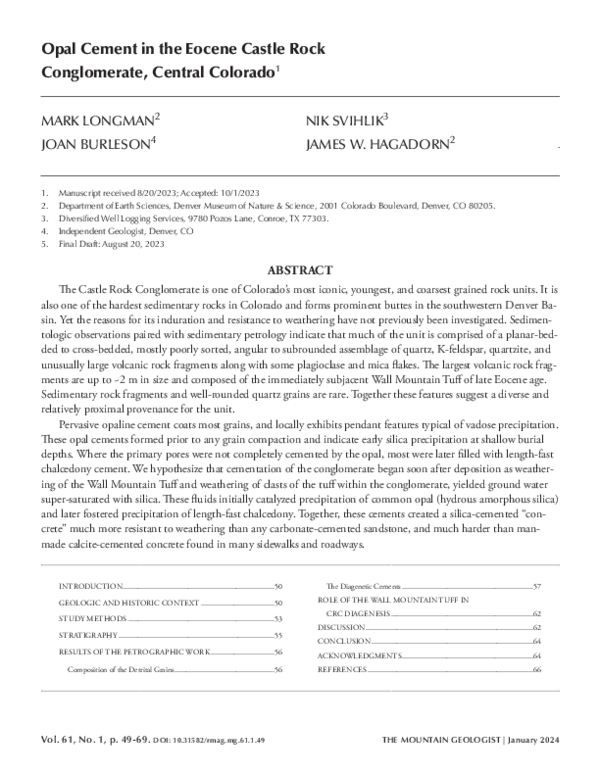 (PDF) Opal Cement in the Eocene Castle Rock Conglomerate, Central Colorado