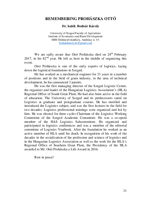 (PDF) Remembering Prohászka Ottó