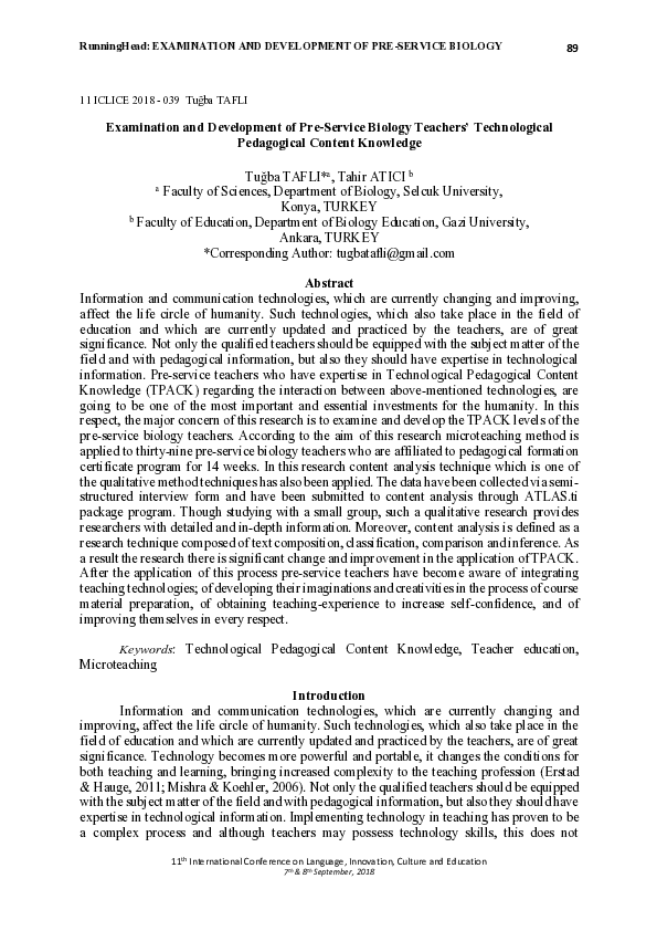 (PDF) Examination and Development of Pre-Service Biology Teachers’ Technological Pedagogical ...