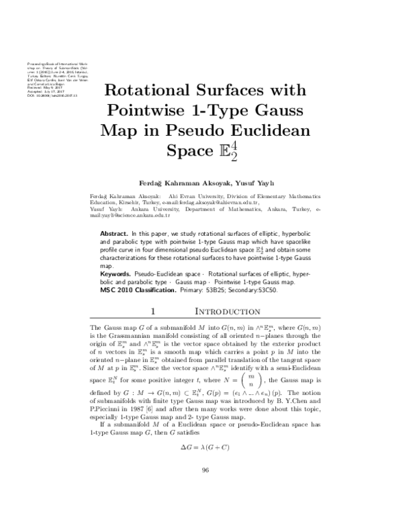 Pdf Rotational Surfaces With Pointwise 1 Type Gauss Map In Pseudo Euclidean Space Mathbb E
