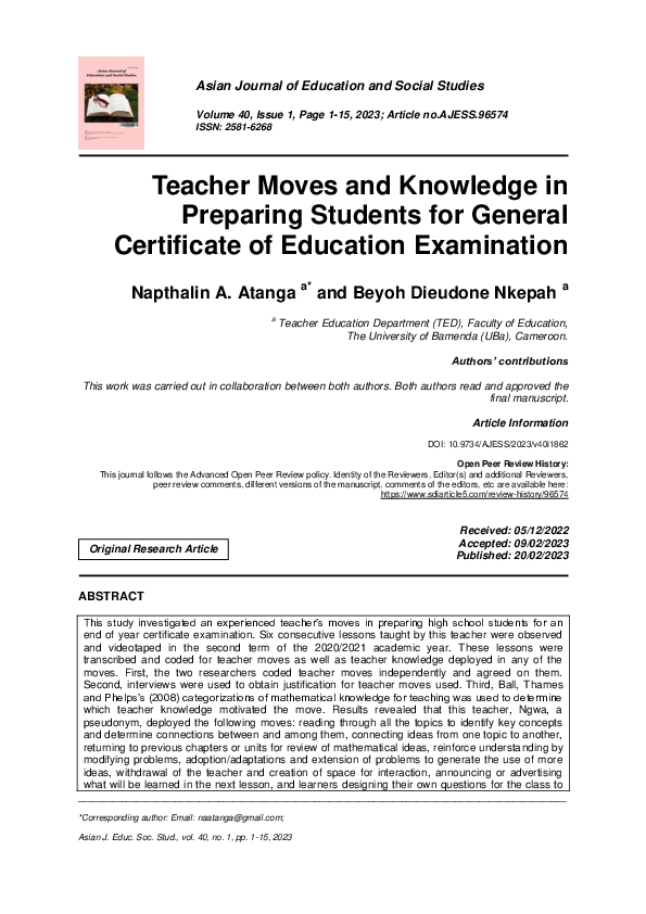 (PDF) Teacher Moves and Knowledge in Preparing Students for General ...