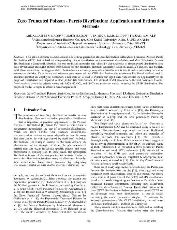 (PDF) Zero Truncated Poisson - Pareto Distribution: Application and Estimation Methods