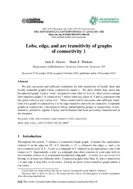 (PDF) Lobe, edge, and arc transitivity of graphs of connectivity 1