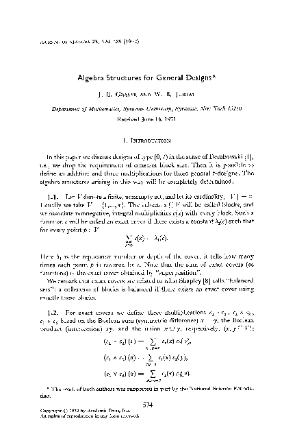(PDF) Algebra structures for general designs | Jack Graver - Academia.edu