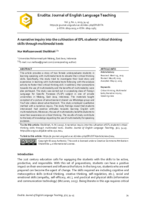 (PDF) A narrative inquiry into the cultivation of EFL students’ critical thinking skills through ...