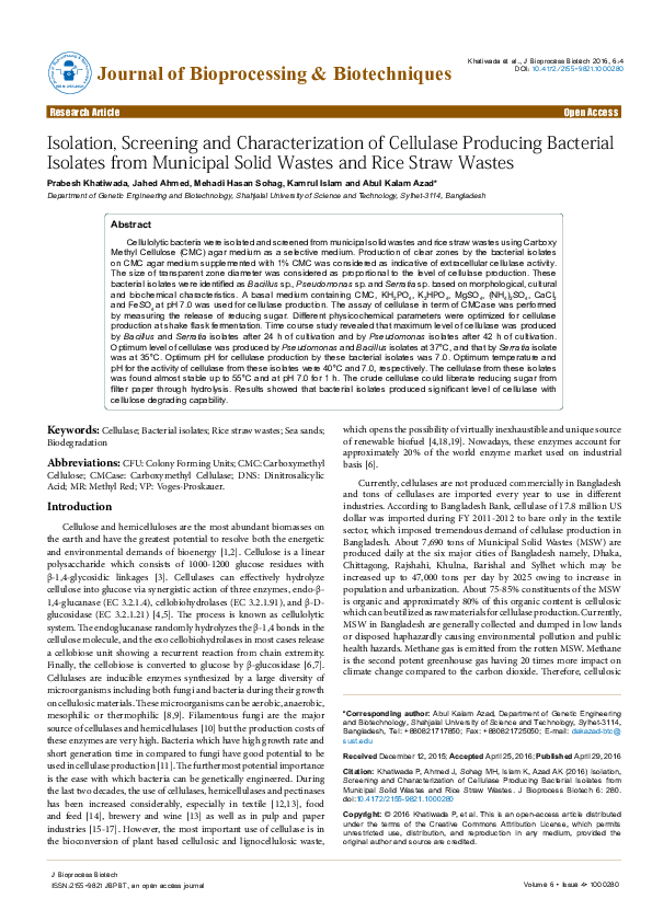 (PDF) Isolation, Screening and Characterization of Cellulase Producing ...
