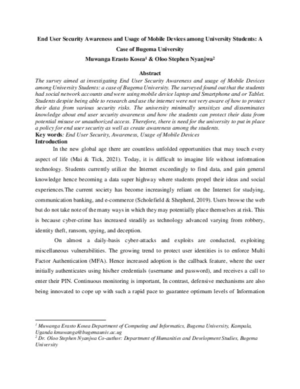 (PDF) End User Security Awareness and Usage of Mobile Devices among ...