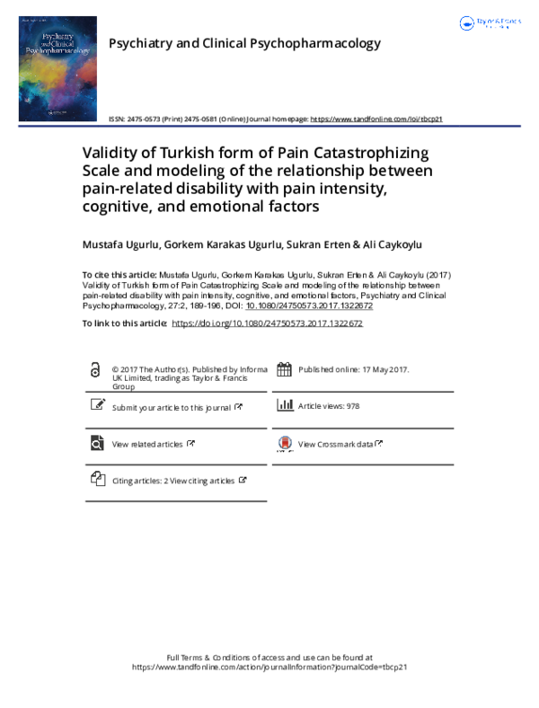 (PDF) Validity of Turkish form of Pain Catastrophizing Scale and ...