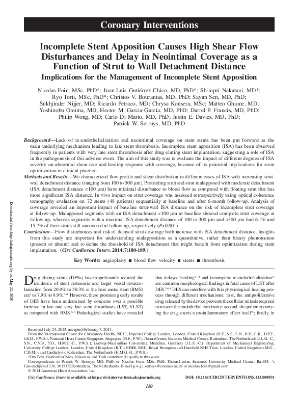 (PDF) Incomplete stent apposition causes high shear flow disturbances ...