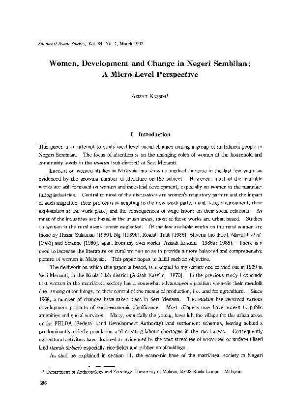 (PDF) Women, Development and Change in Negeri Sembilan: A Micro-Level ...