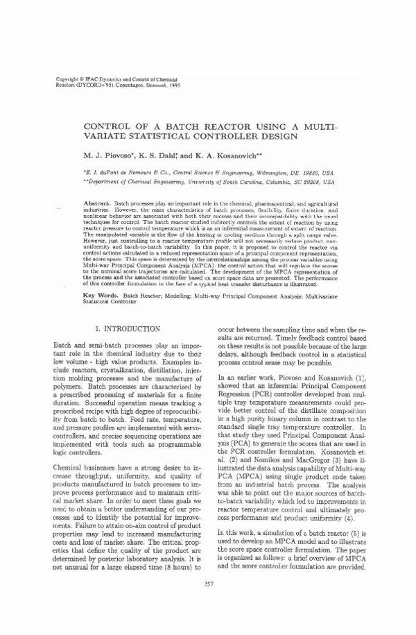 (PDF) Control of a Batch Reactor Using a Multivariate Statistical Controller Design
